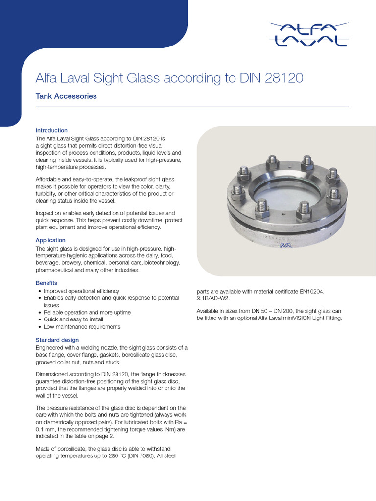 Alfa Laval Sight Glass According To Din 28120 Product Leaflet | PDF | Glasses | Mechanical ...