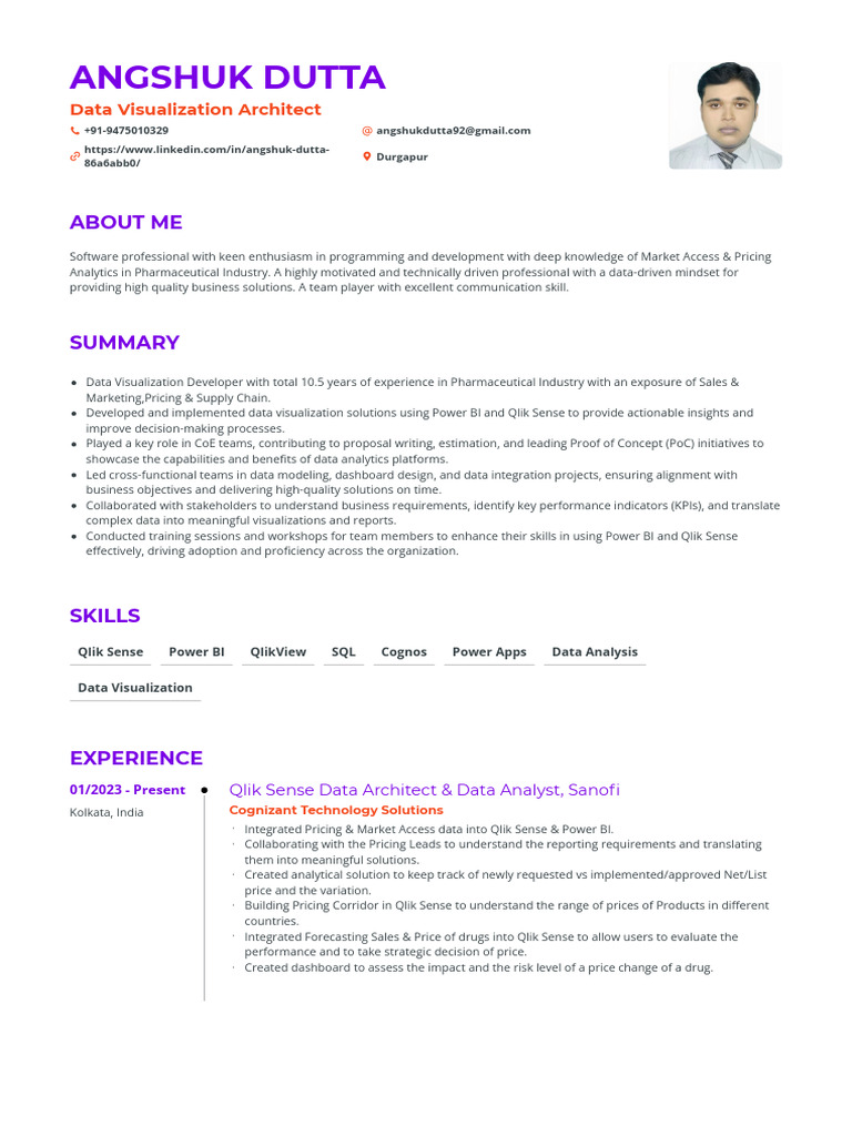 Angshuk Dutta - Data Visualization Architect Resume | PDF | Analytics | Data