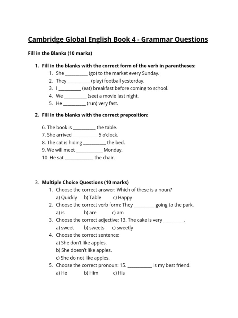English Grade 4 Mock Test Paper Pdf Verb Noun