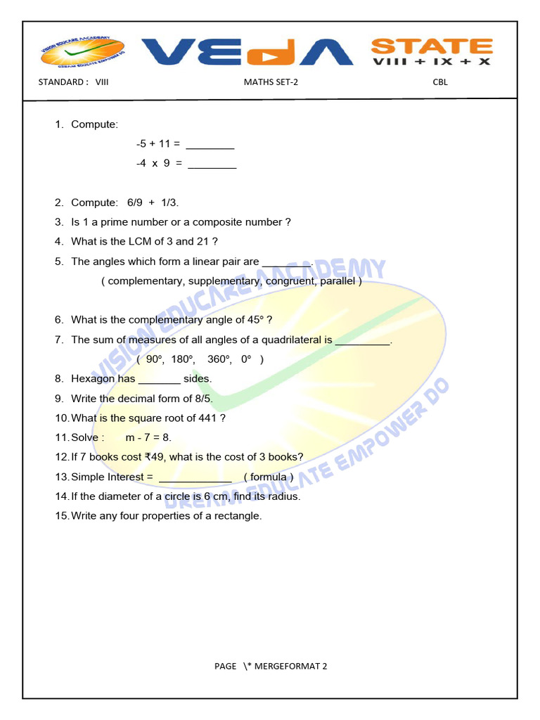 Maths Set-2 Standard VIII Exercises | PDF