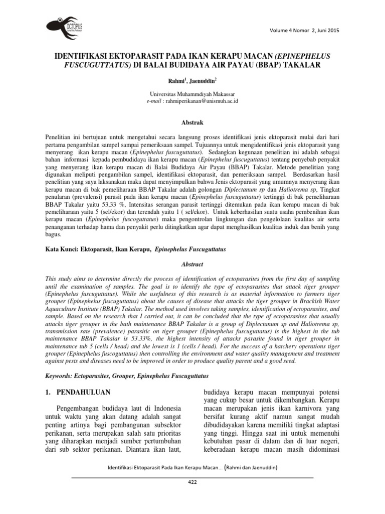 Identifikasi Ektoparasit Pada Ikan Kerapu Macan (Epinephelus Fuscuguttatus) Di Balai Budidaya ...