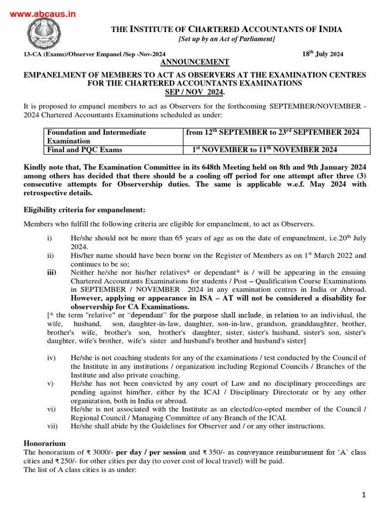 ICAI Announcement Observer Sept Nov 2024 | Download Free PDF ...