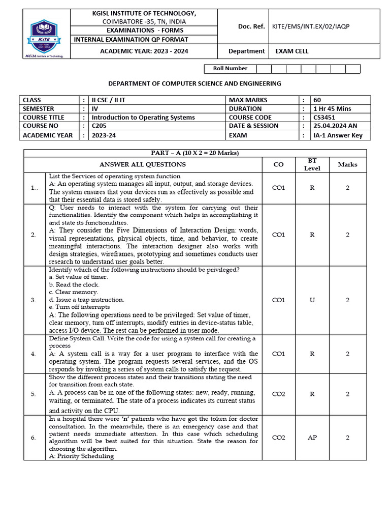 Doc. Ref. Internal Examination QP Format: Coimbatore - 35, TN, India Kite/Ems/Int - Ex/02/Iaqp ...