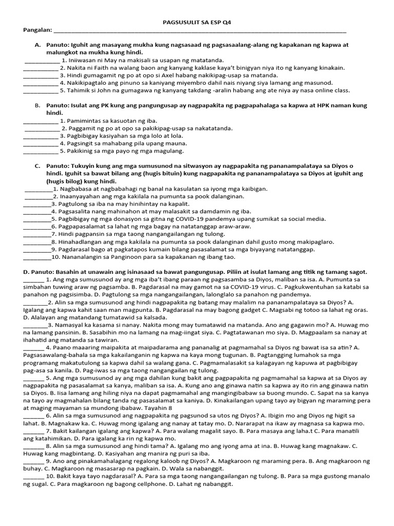 Pagsusulit Sa Esp q4 | PDF