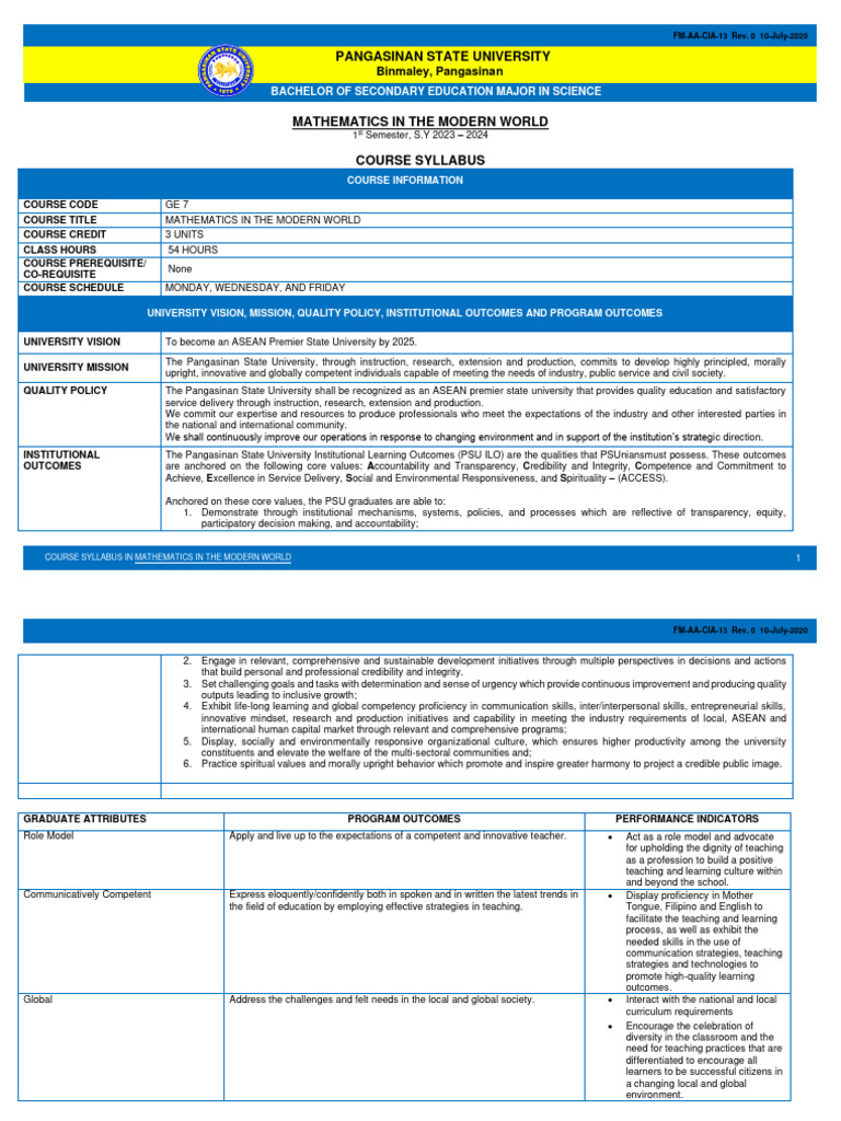 7 MMW Syllabus2 | PDF | Learning | Science