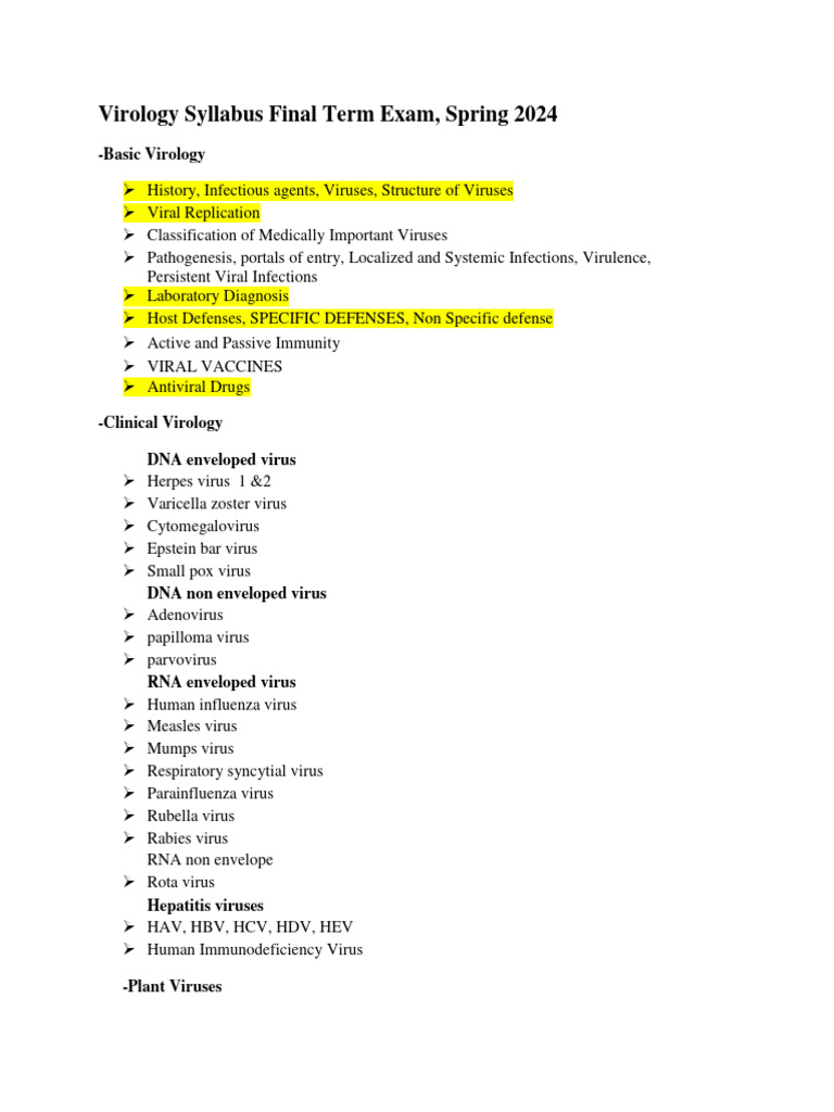 Virology Syllabus Final Term Exam Spring 2024 | PDF