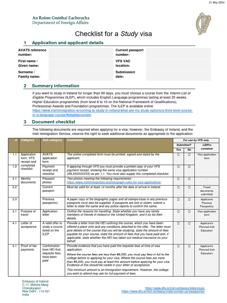 Checklist For Ireland Study Visa | PDF | Travel Visa | Passport