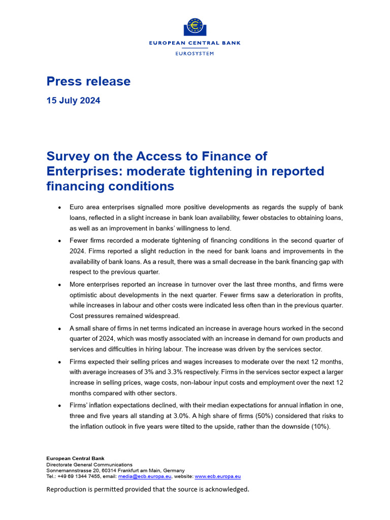 Euro Area Financing Conditions Survey 2024 | PDF | Labour Economics ...