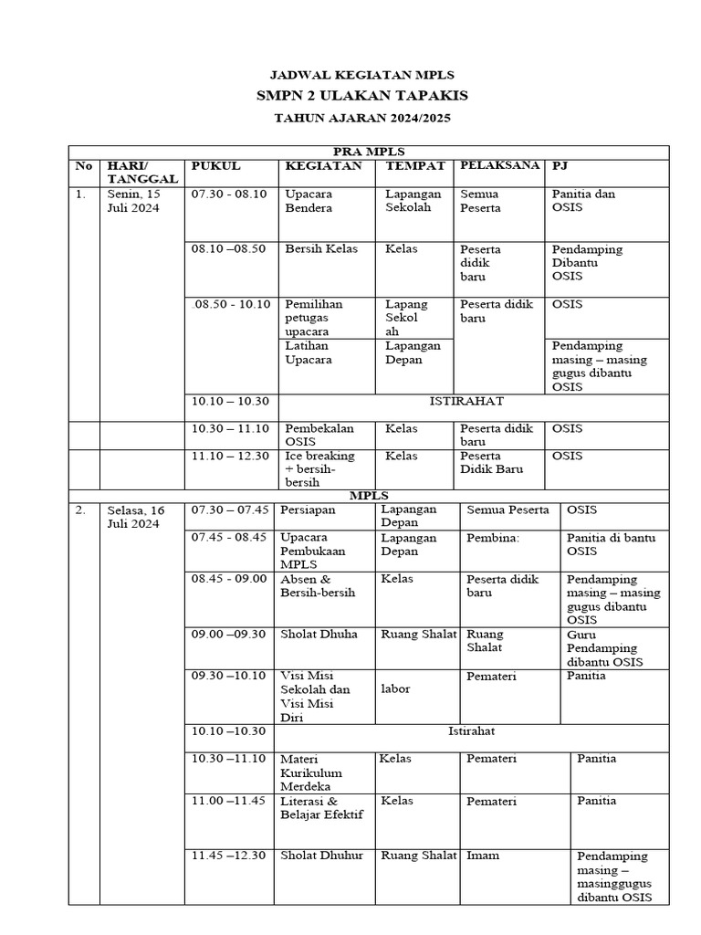 Jadwal - Kegiatan - Mpls SMPN 2 UT 2024 | PDF
