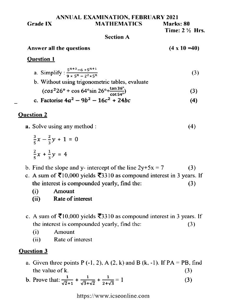 Icse Class 9 Mathematics 220922 Feb 2021 | PDF