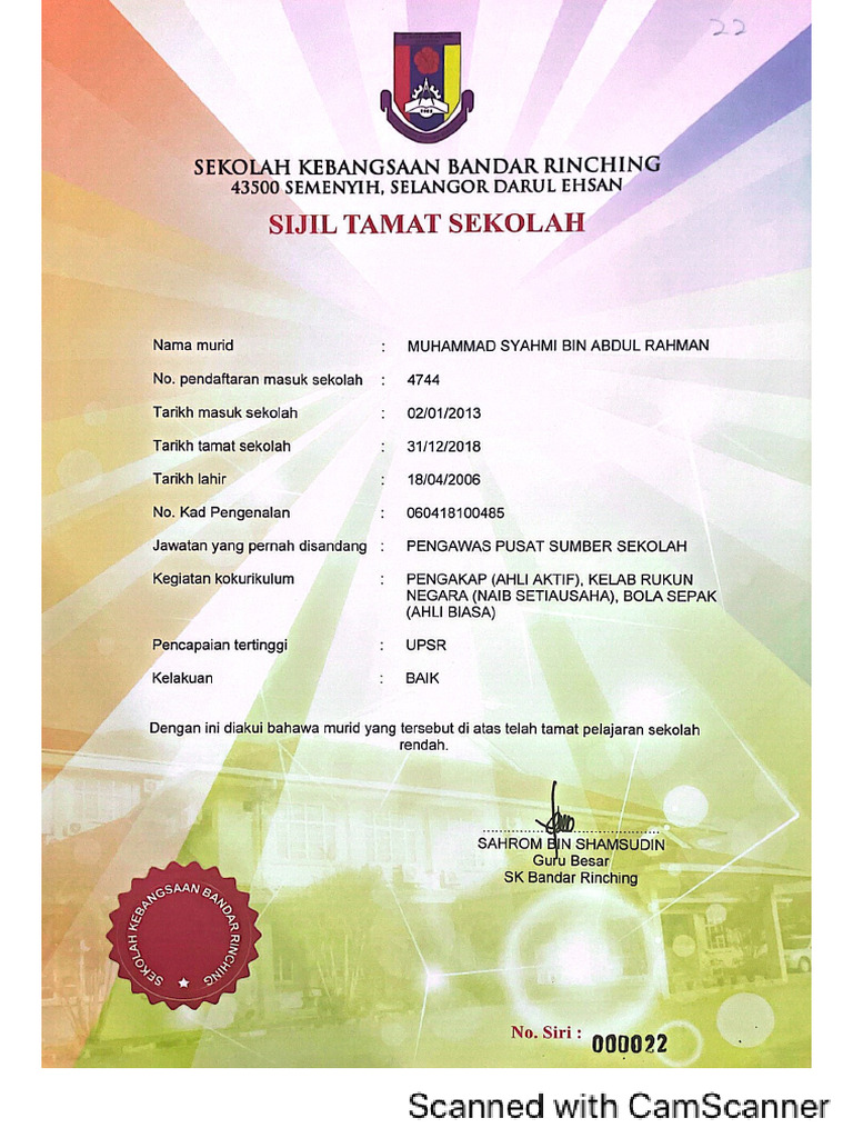 Sijil Berhenti Sekolah Rendah Syahmi PDF | PDF