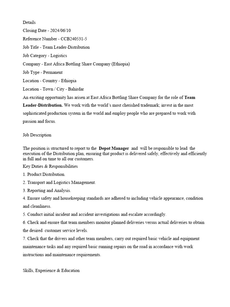 Team Leader-Distribution Job in Ethiopia | PDF | Business