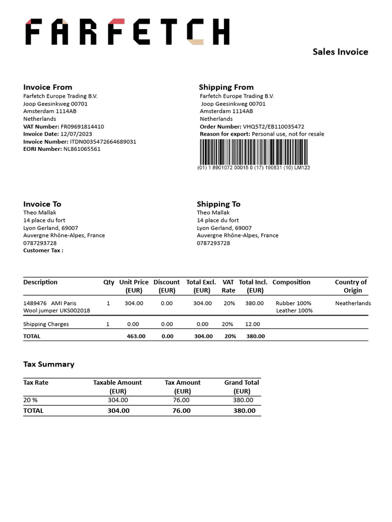 Facture Farfetch Ami | PDF