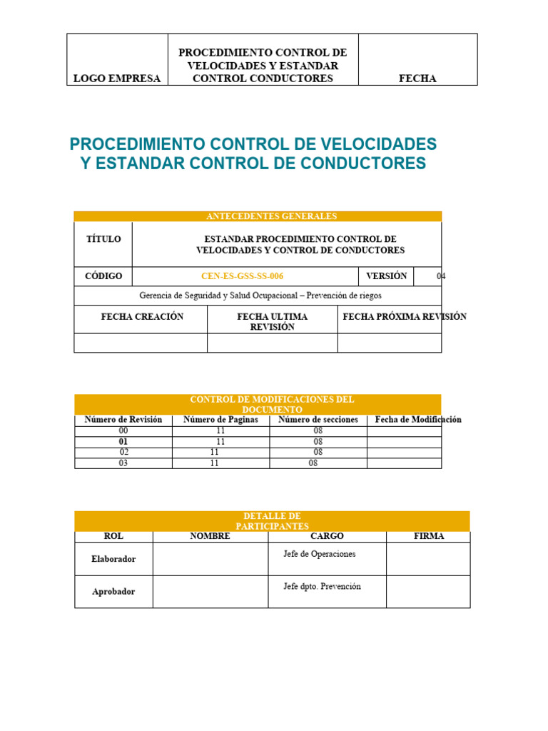 PROCEDIMIENTO O PLAN CONTROL DE VELOCIDADES Y ESTANDAR CONTROL DE ...
