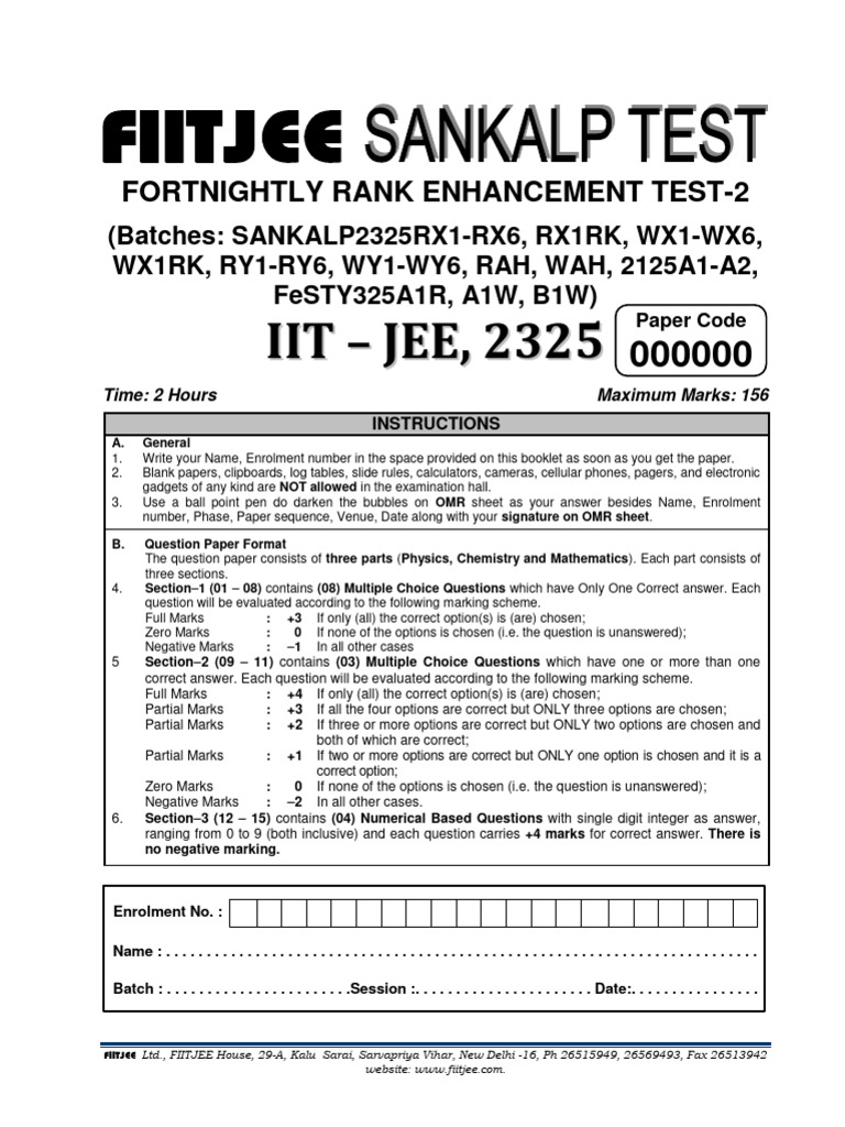 Sankalp2325 Fortnightly Rank Enhancement Test-2 (Xii) Paper & Answer ...