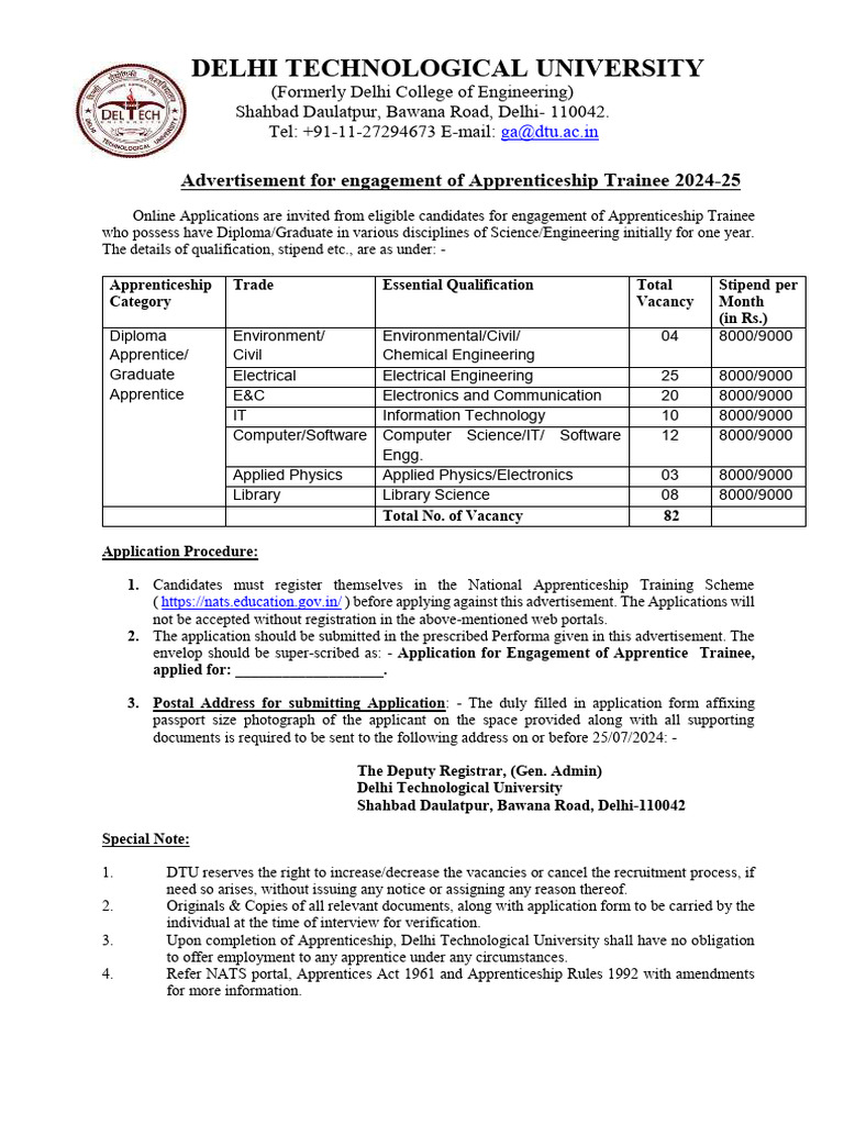 DTU Apprentice Recruitment 2024 Notification | PDF | Apprenticeship