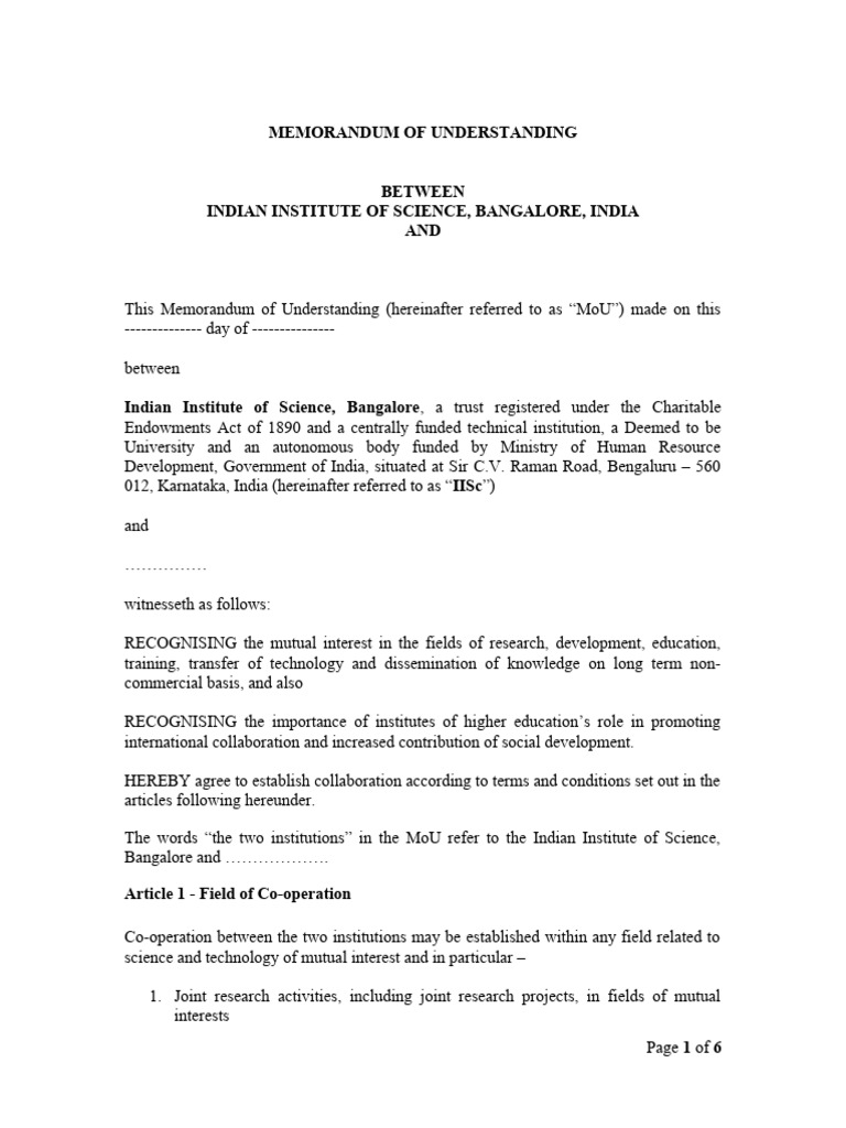 IISc MoU Template | PDF | Intellectual Property | Science