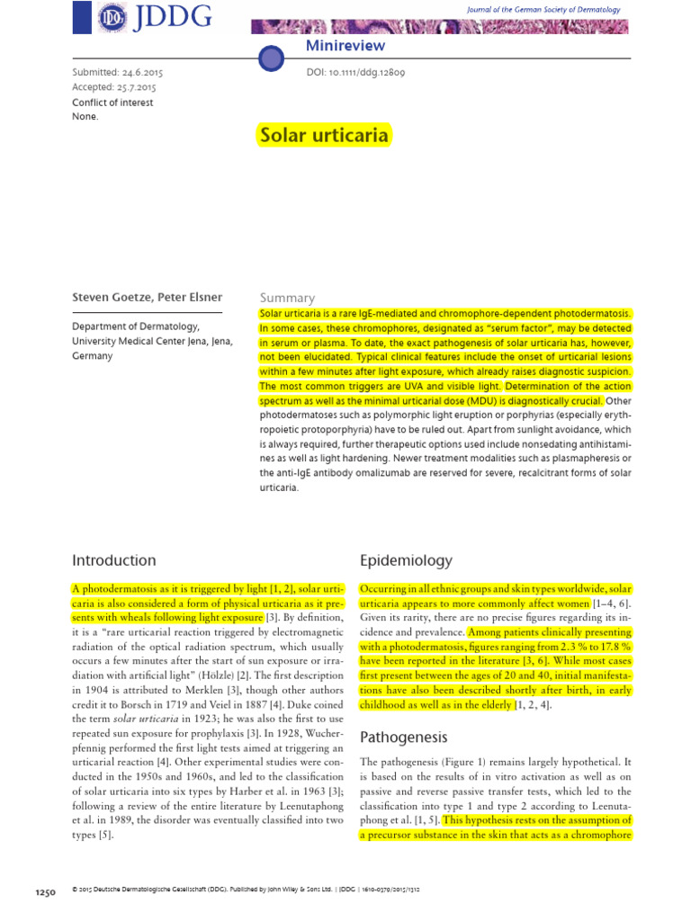 E8 Urticaria - Solar - 2015 | PDF | Ultraviolet | Cutaneous Conditions