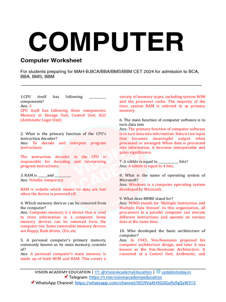 Computer Worksheet Vision Academy | PDF | Random Access Memory | Computer Data Storage