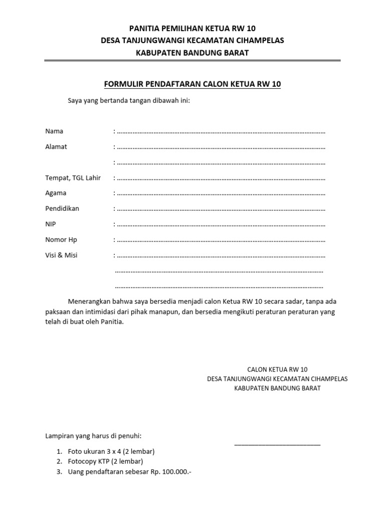 Formulir Pendaftaran Calon Ketua RW 10 | PDF | Olahraga & Rekreasi