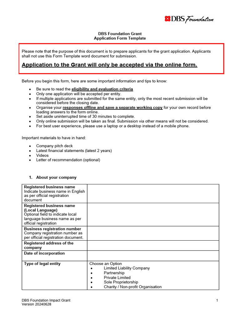 DBS Foundation Grant Application Template | PDF | Revenue | Profit ...