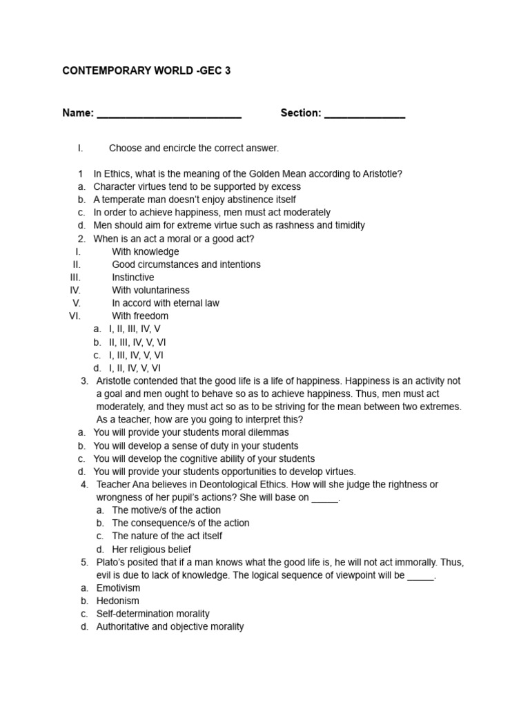 ST1 Activity 2 Set B Gen - Ed | PDF | Hedonism | Virtue Ethics