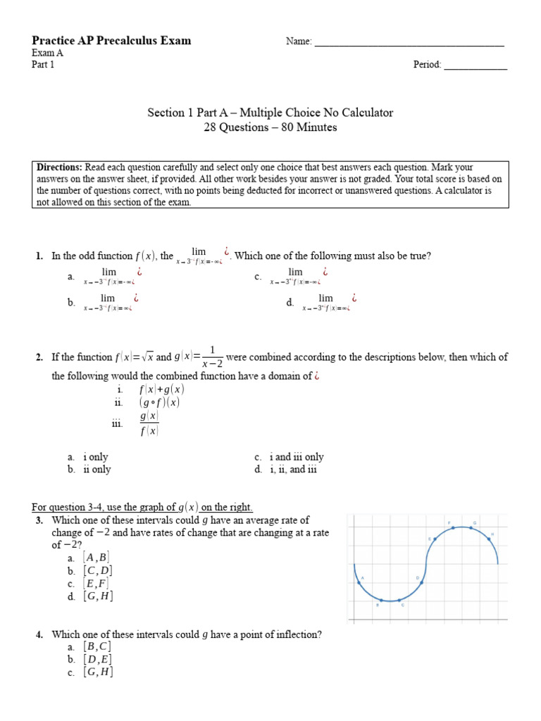 AP Precalculus Exam A EDITABLE | PDF | Logarithm | Function (Mathematics)