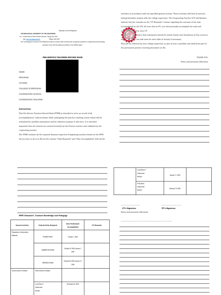 Pre-Service Teachers Record Book | PDF | Learning | Cognition