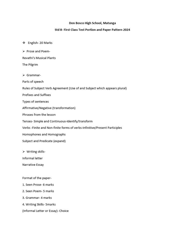 STD 8 First Class Test Portion and Paper Pattern 2024 | PDF