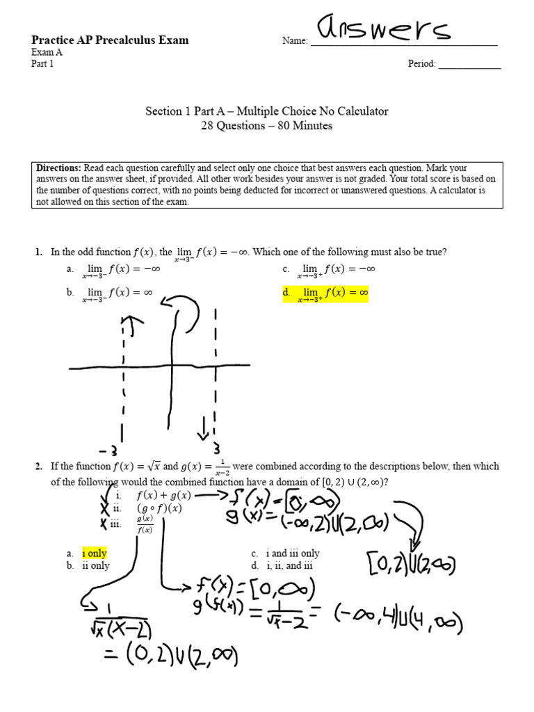 AP Precalculus Exam A Answers Explanations | PDF | Logarithm | Function ...