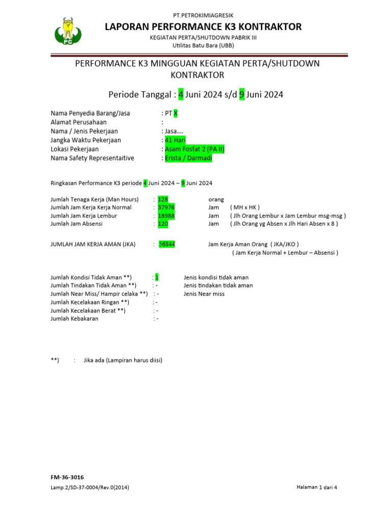 Form Laporan Performance K3 Kontraktor | PDF