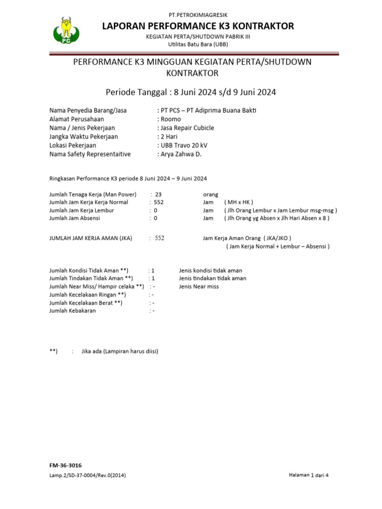 Form Laporan Performance K3 Kontraktor PT Adiprima Buana Bakti-PT PCS | PDF