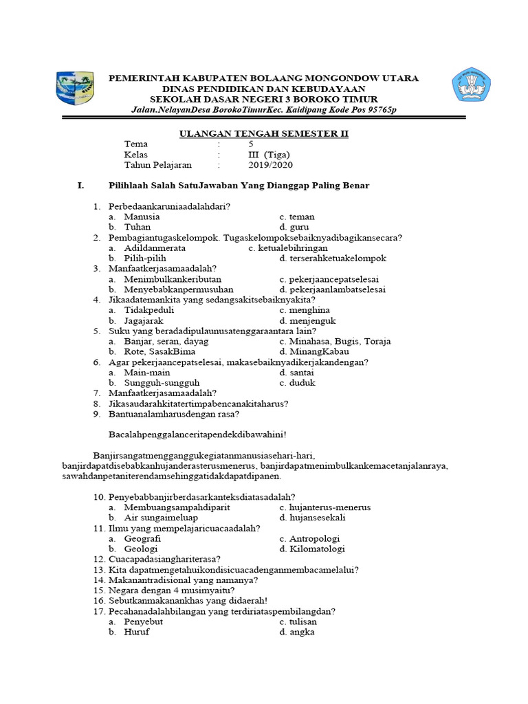 Soal Uts Tema 5 Semester II Kelas 3 2019-2020 - Copy - Salin | PDF