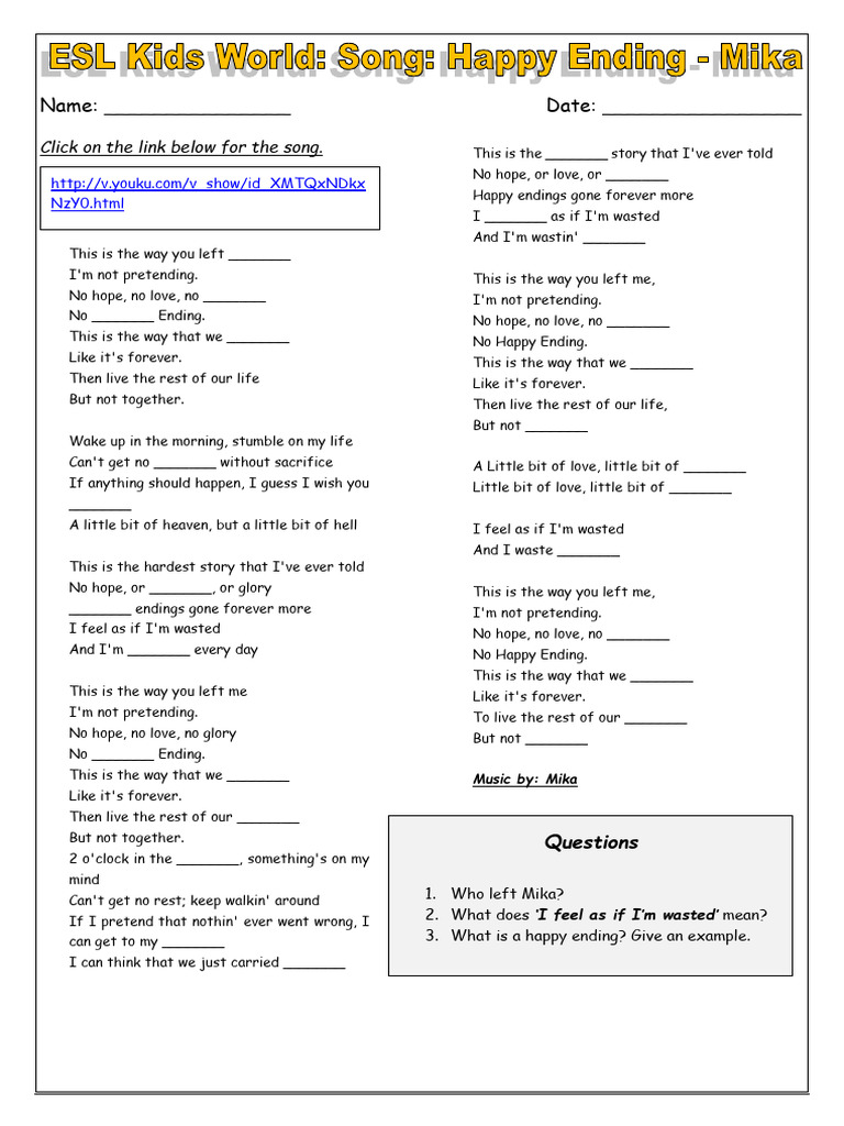 Happy Ending Mika Song Worksheet | PDF | Home & Garden