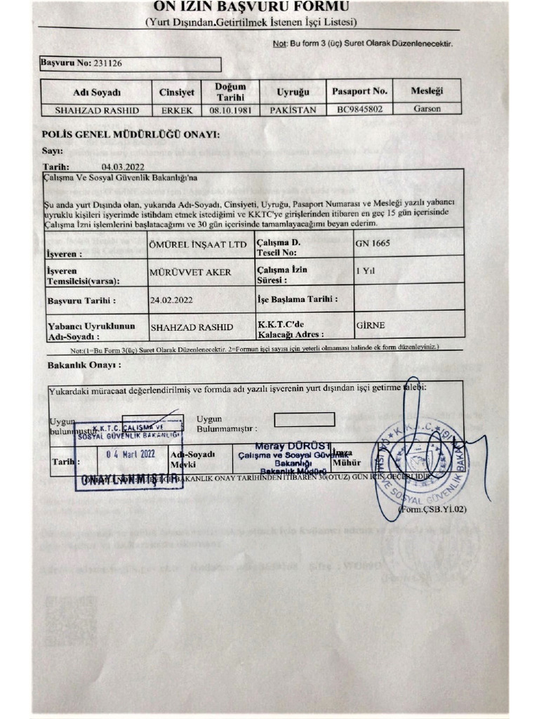 Northern Cyprus Work Visa Approval | PDF
