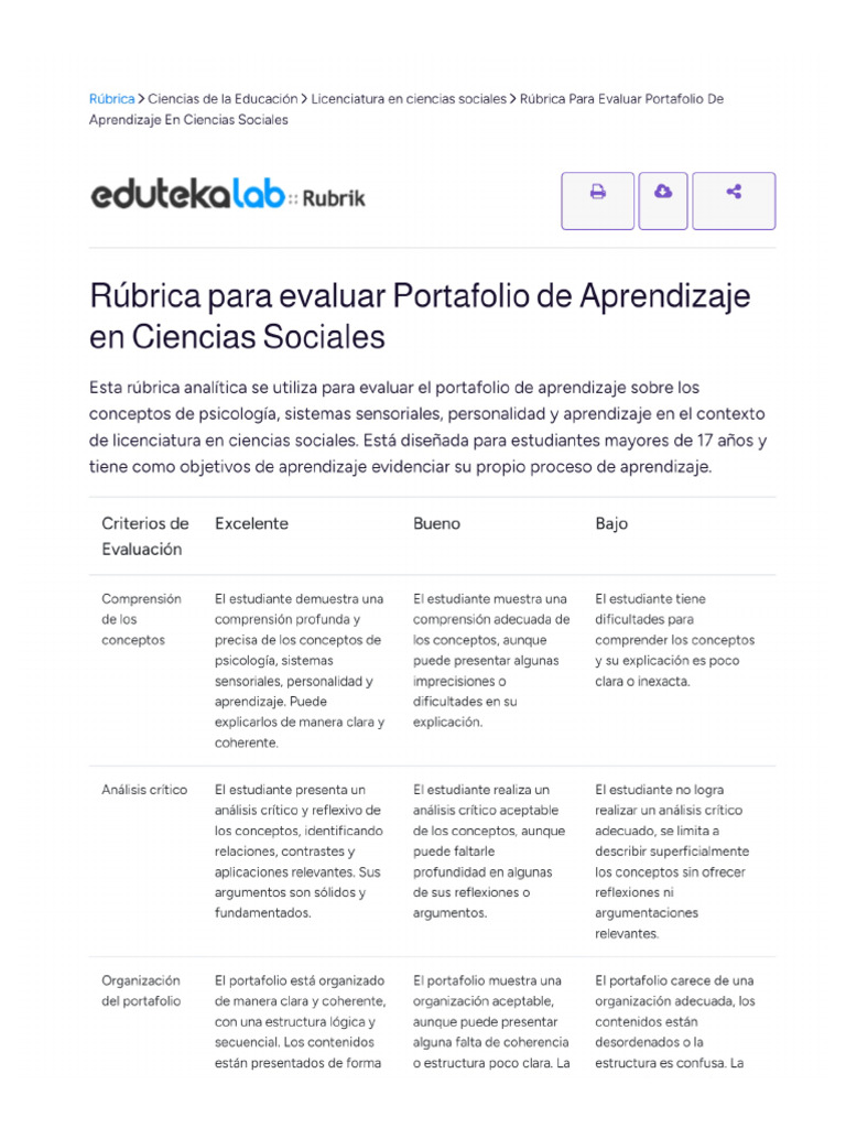 Rúbrica para Evaluar Portafolio de Aprendizaje en Ciencias Sociales | PDF