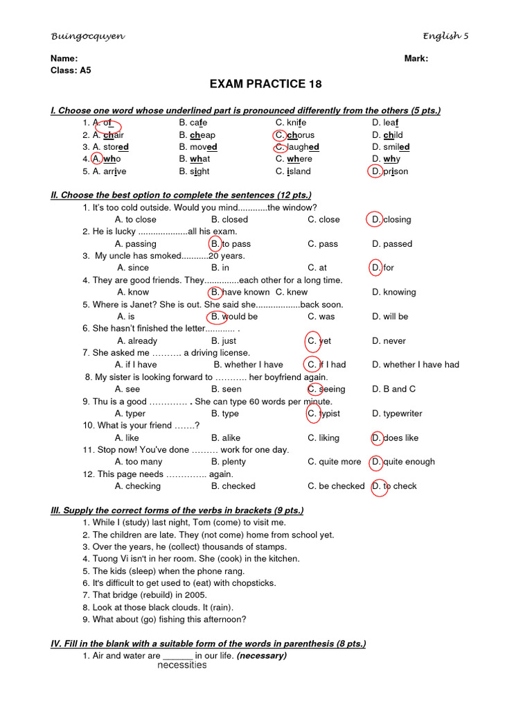 English 5 Exam Practice Worksheet | PDF