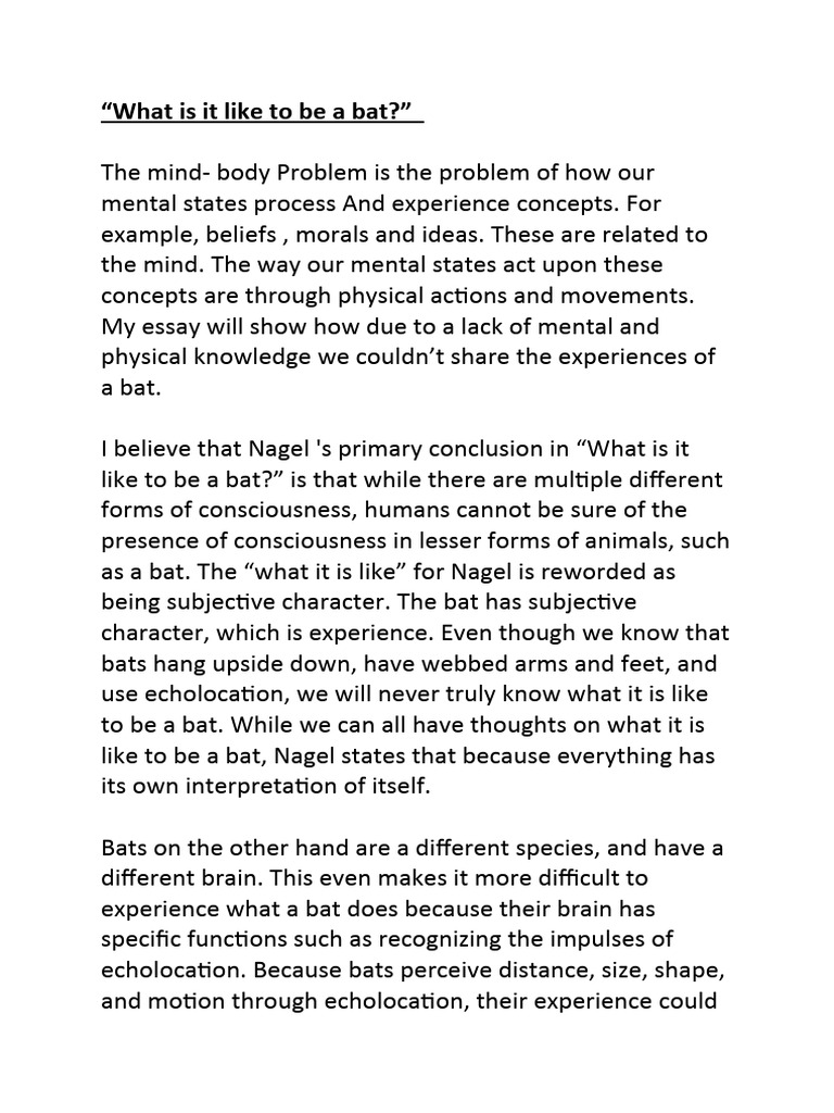 What Is It Like To Be A Bat | PDF | Experience | Behavioural Sciences