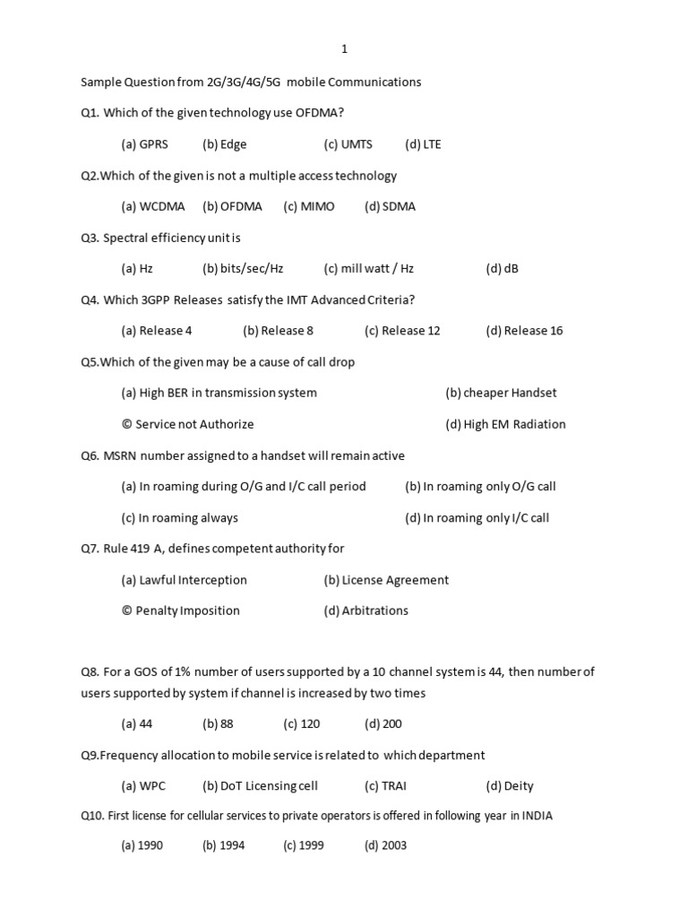 Objective Questions (Set A) Mobile Communication | PDF | 4 G | Service ...