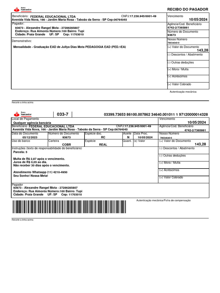 Recibo de Mensalidade EAD - 143,28 | PDF