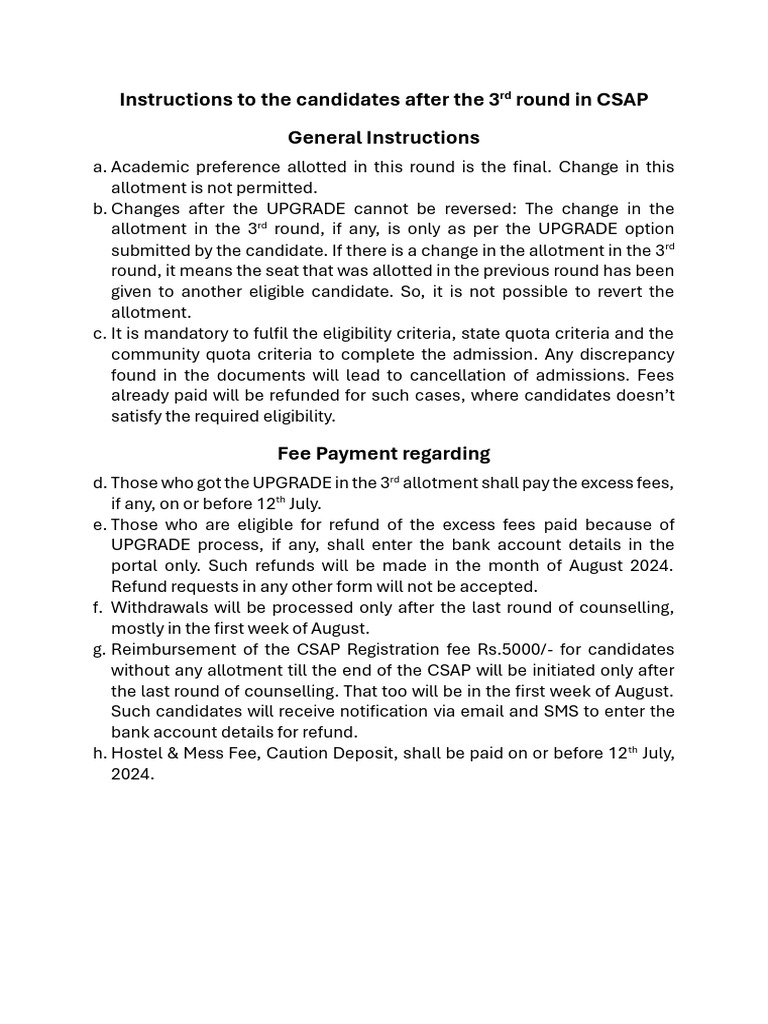 Instructions To Candidates Third Round Csap | PDF