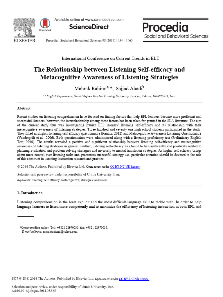 The Relationship Between Listening Self Efficacy A - 2014 - Procedia - Social An | PDF | Self ...