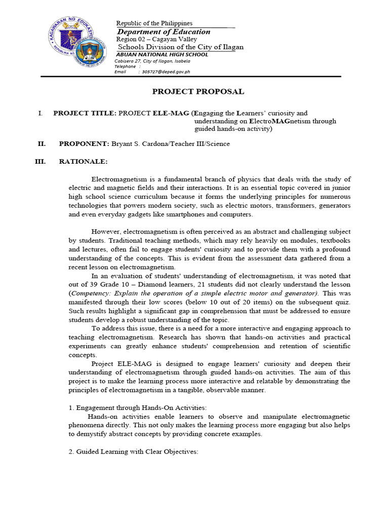 Curriculum Innovation Proposal Science 10 - Project ELEMAG | PDF | Learning | Experiment