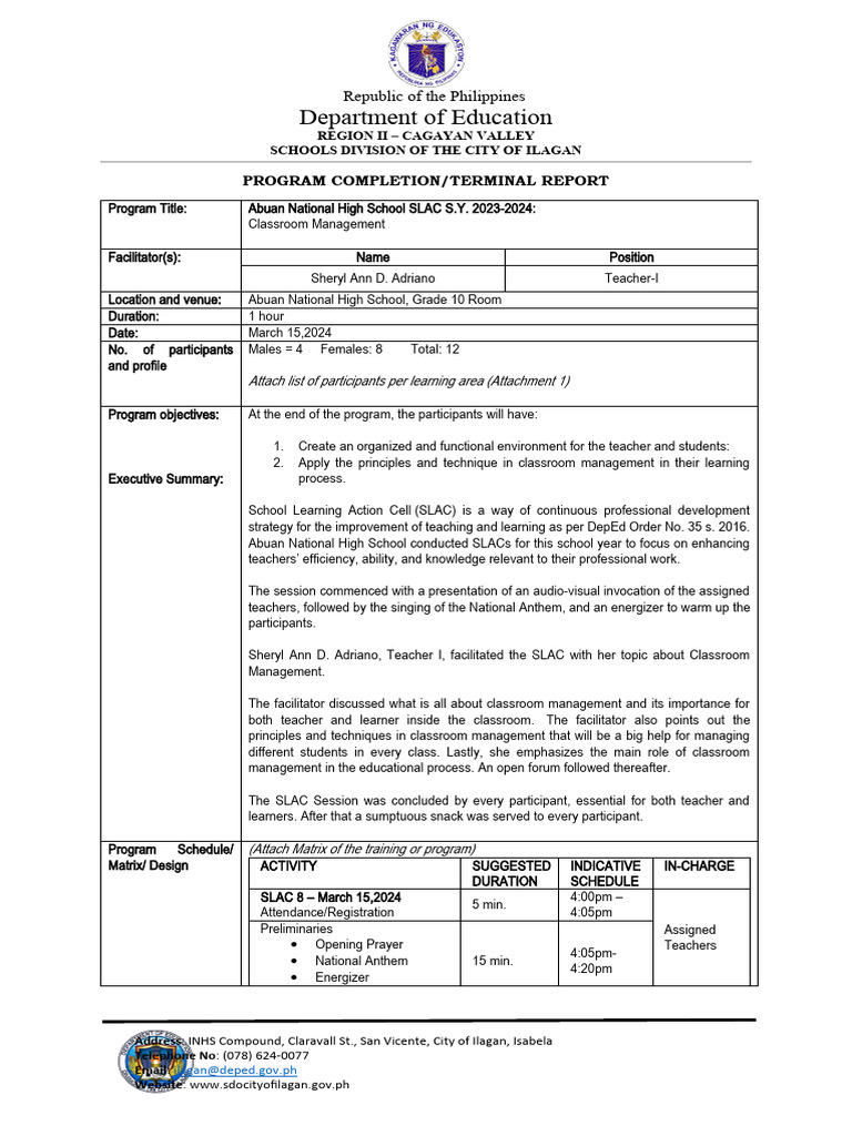 SLAC Terminal Report: Classroom Management | PDF | Classroom | Teachers
