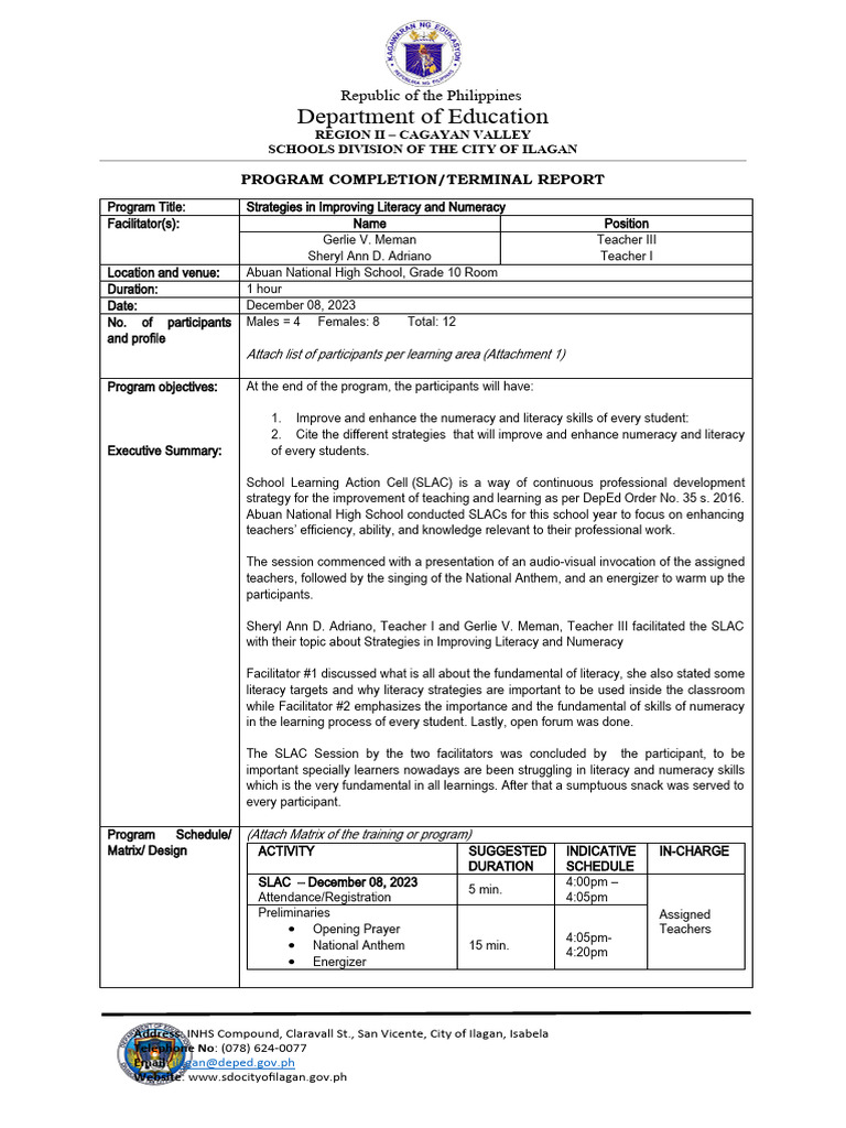 TERMINAL-REPORT SLAC Literacy | PDF | Teachers | Literacy