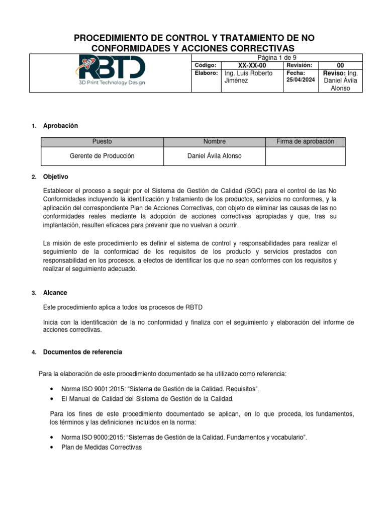 Procedimiento No Conformidades y Acciones Correctivas RBTD | PDF ...