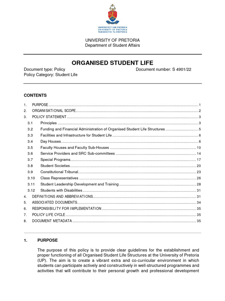 University of Pretoria Student Life Policy | PDF | United States House ...