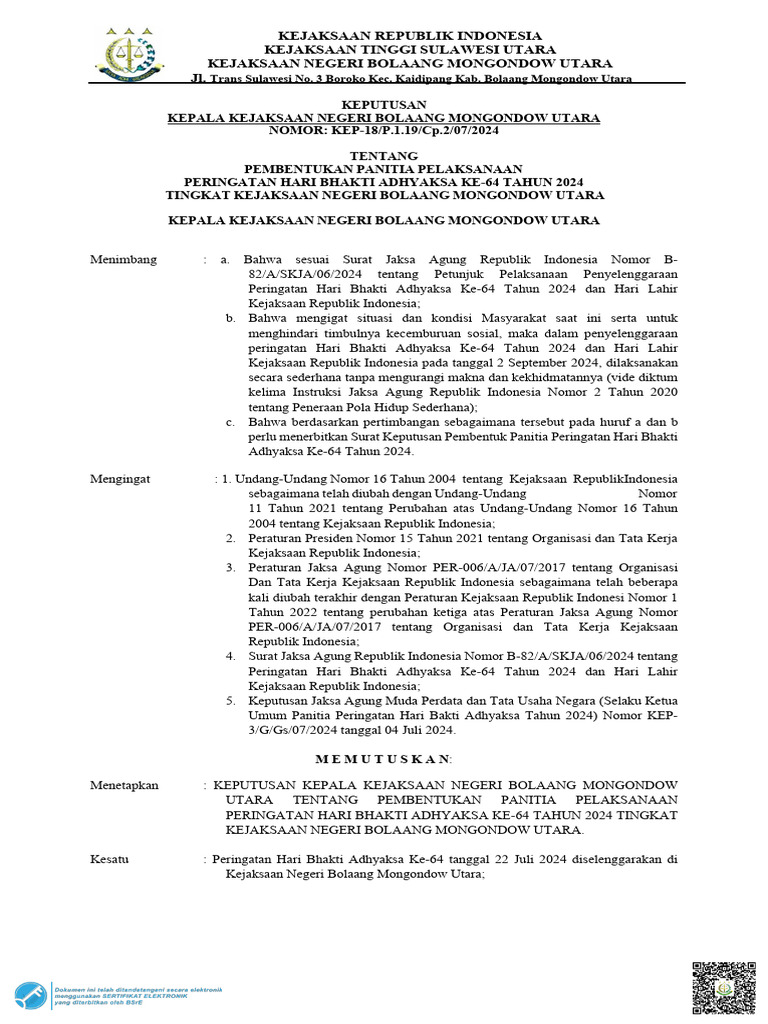 SK Pembentukan Panitia HBA Ke-64 | PDF