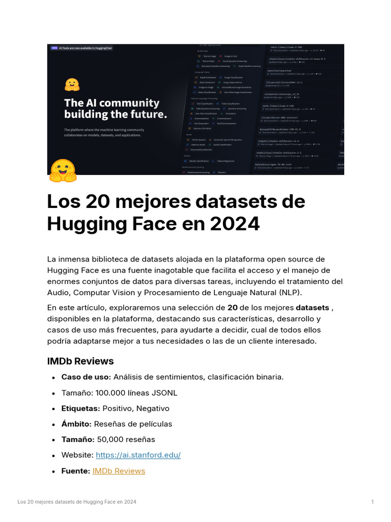 Los 20 Mejores Datasets de Hugging Face en 2024 | PDF | Lenguaje de programación | SQL