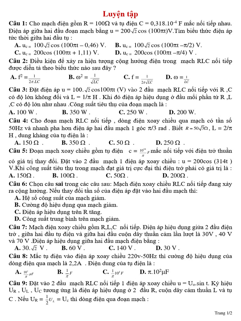 LUYỆN TẬP ĐIỆN XOAY CHIỀU HS 1 | PDF